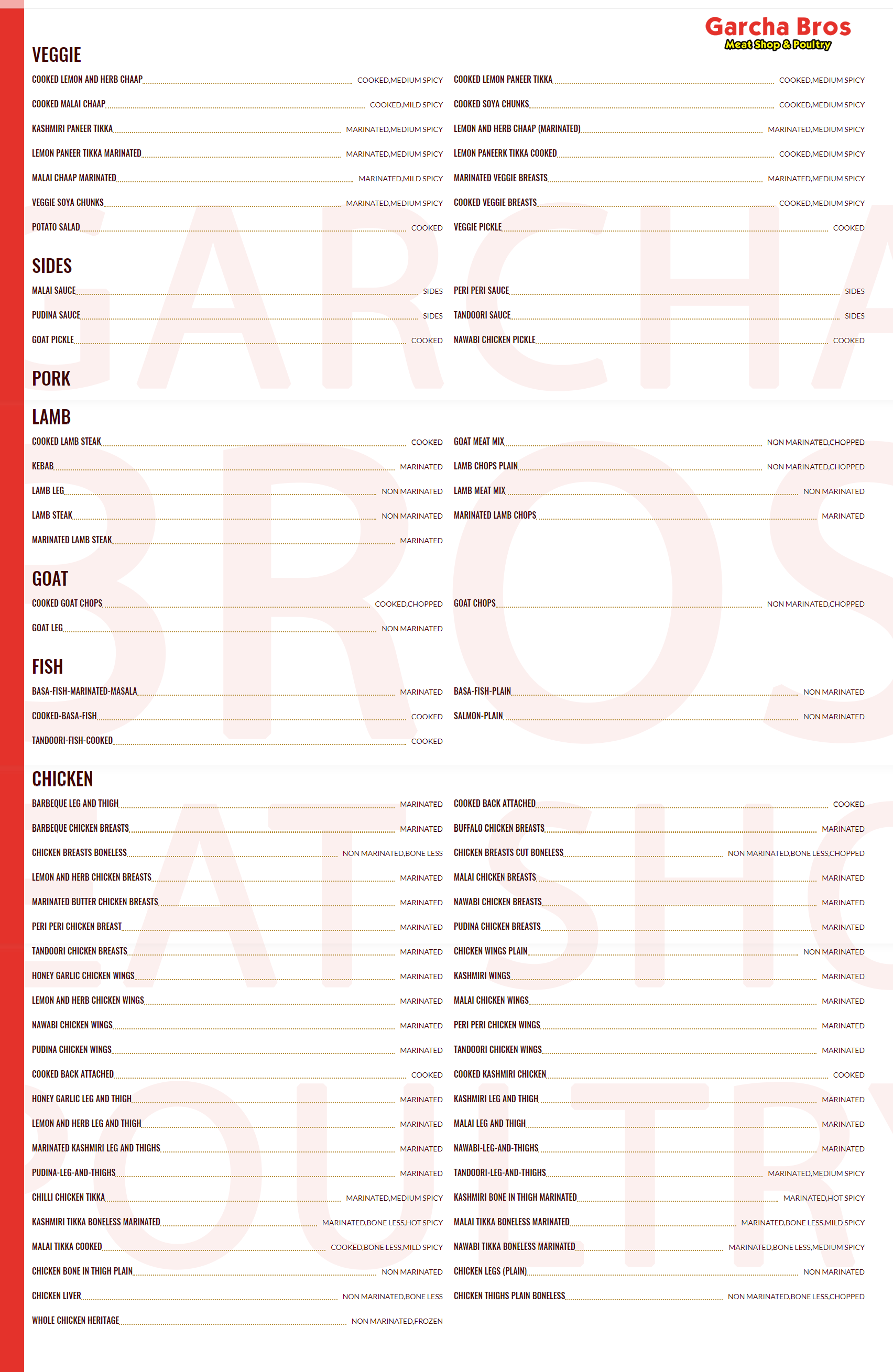 Products Menu - Garcha Meat Shop & Poultry
